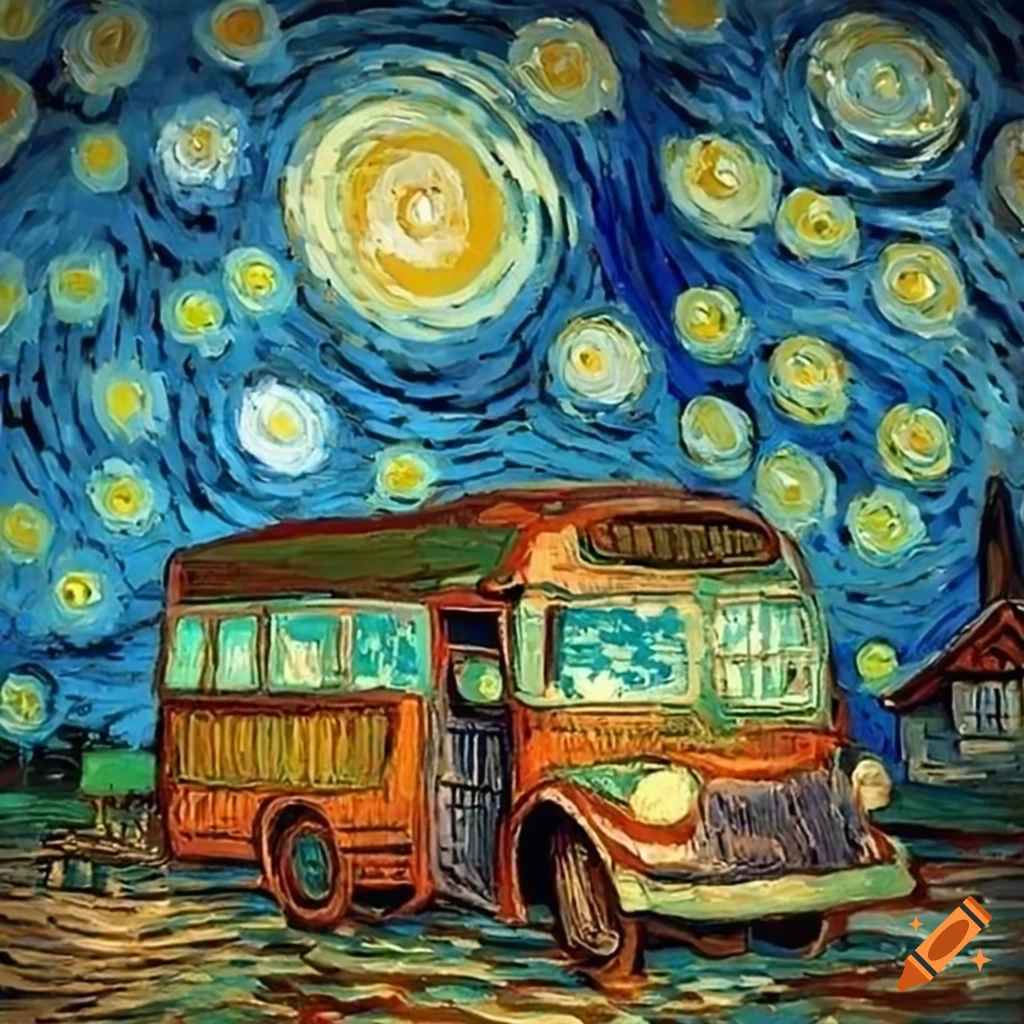 Traditional village bus under starry swirls resembling fried eggs in a ...