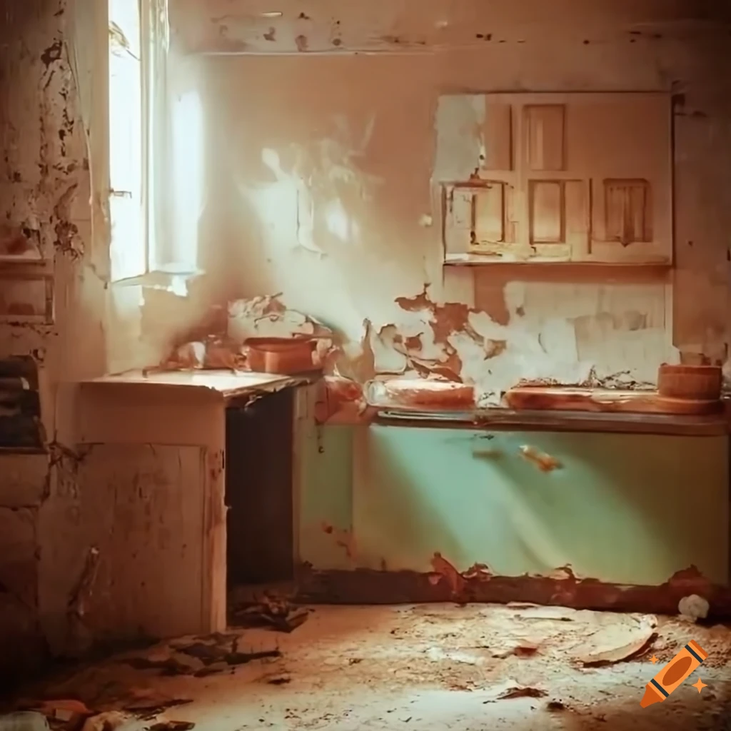 Foggy flooded abandoned kitchen with skylights and peeling paint on Craiyon