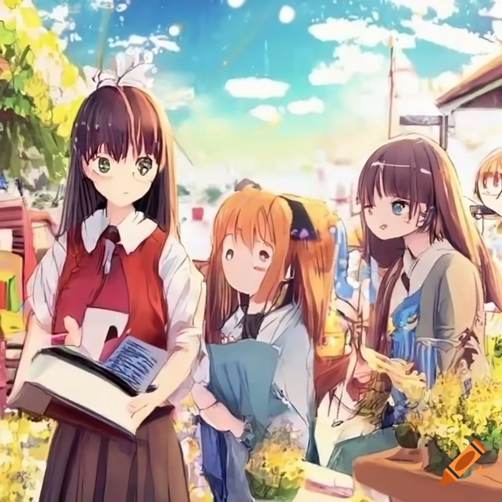 Cheerful anime girls reading science books in a crowded market under a ...