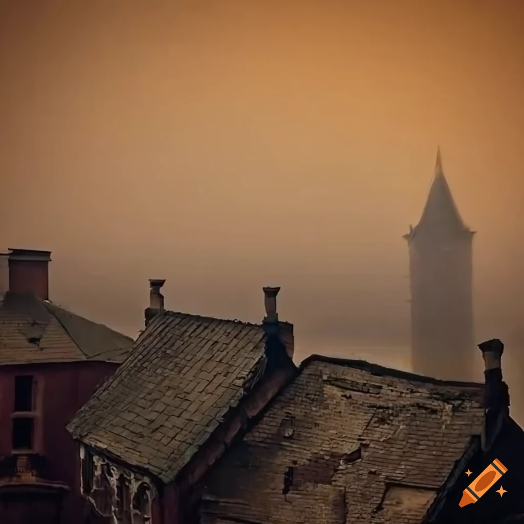 Close up of abandoned Victorian rooftops sinking into ocean in a thick ...