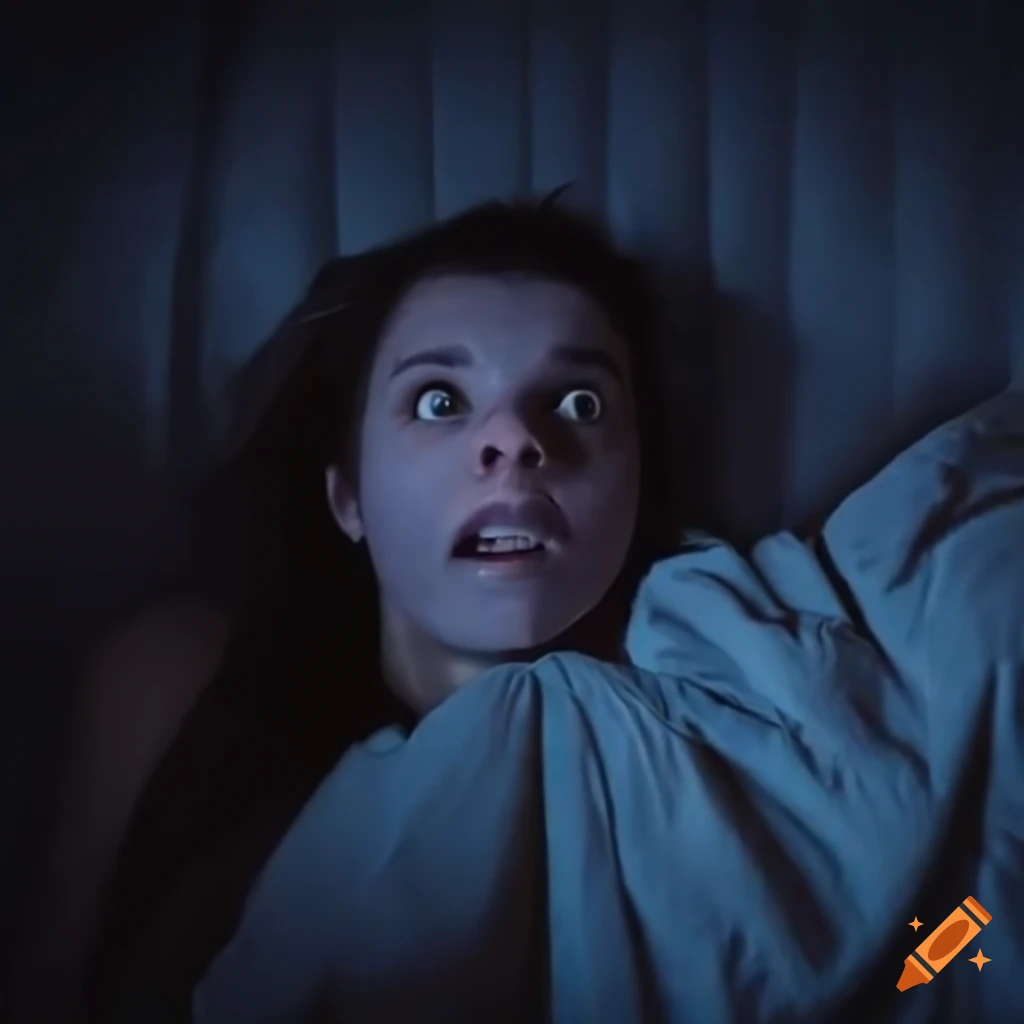 Scared person lying in bed at night on Craiyon