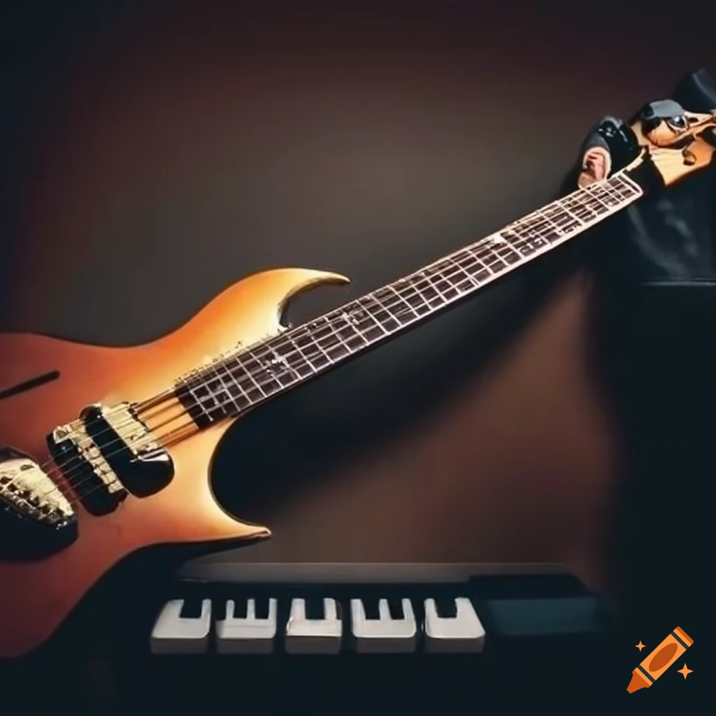 Guitar, bass, drums, and keyboard musical instruments on Craiyon