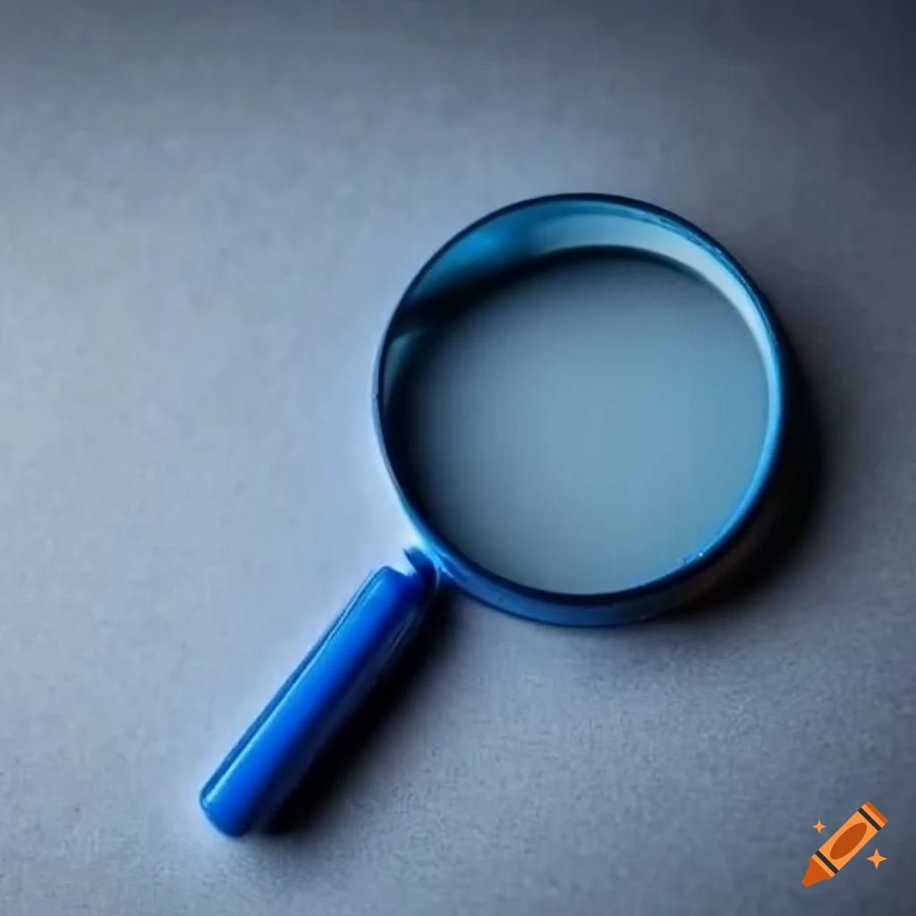 Close-up of a blue magnifying glass in a geek workspace on Craiyon