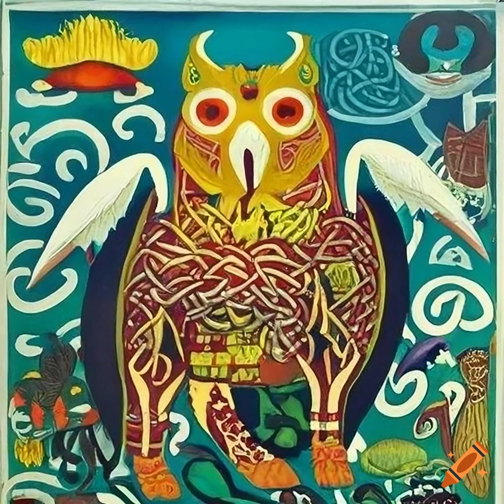 Serigraph of fusion spirit animals with norse runes and celtic knots in ...