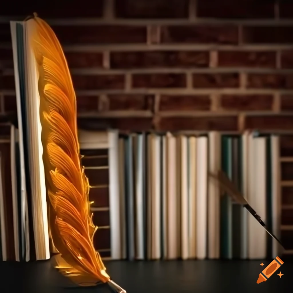 Oversized books and quill with led light in a street decoration on Craiyon