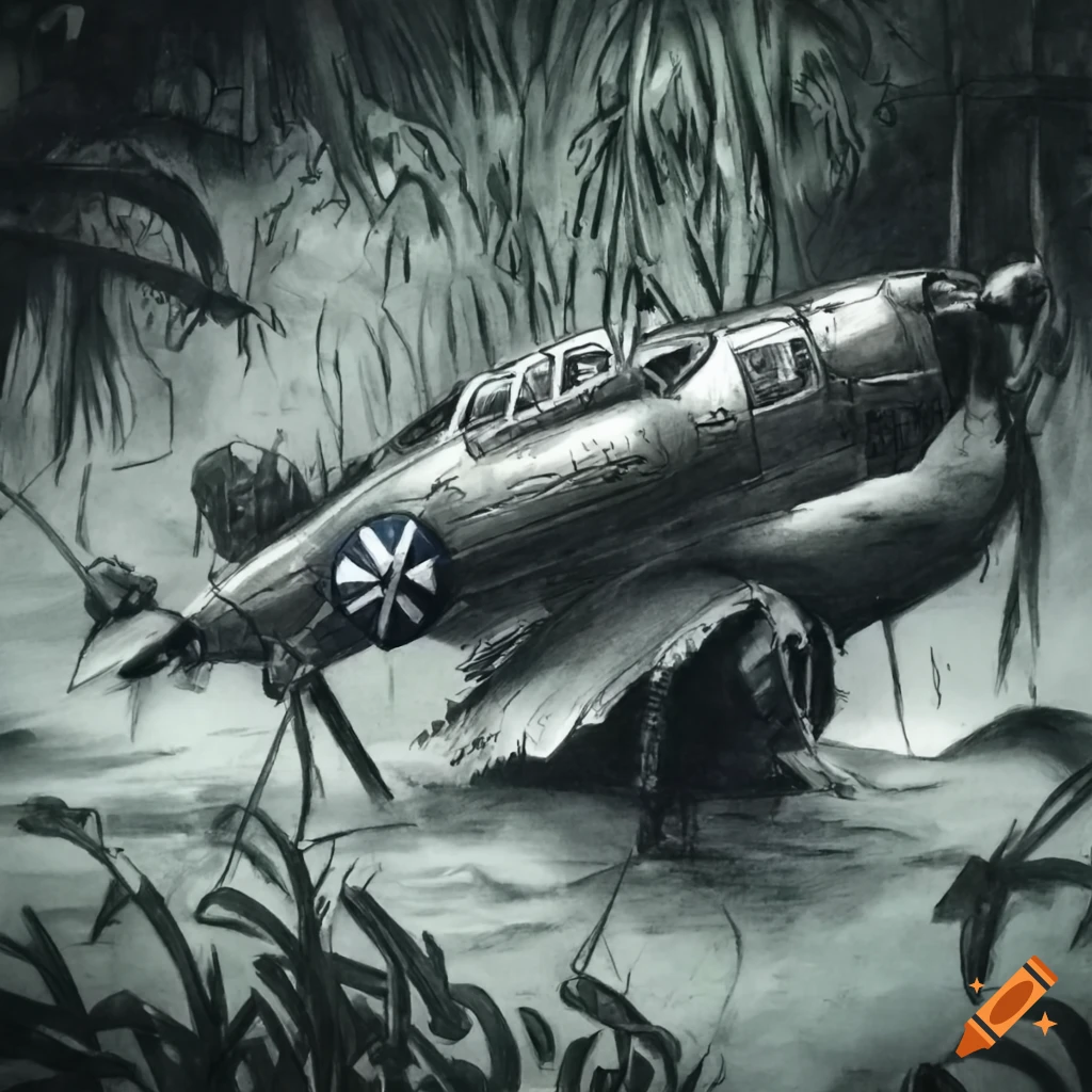 Pencil drawing of a P400-airacobra wreck in the jungle on Craiyon