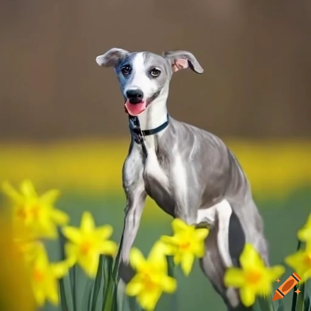 Grey and white whippet playing in the fields with daffodils on Craiyon