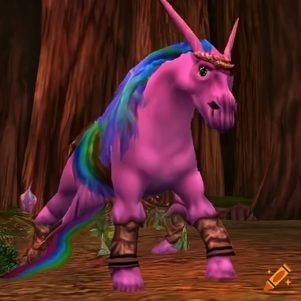 Everquest classic ogre riding rainbow unicorn in a redwood forest on Craiyon