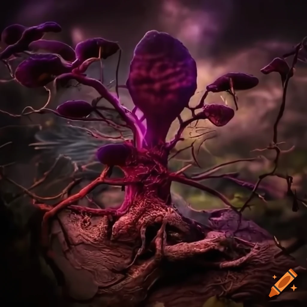 Psychedelic fungi, crab tree, and beetroot roots in a jungle setting on ...