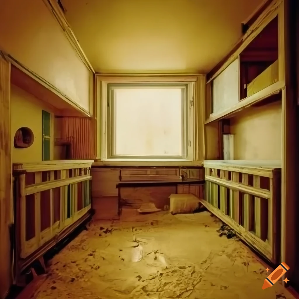 Abandoned flooded storage room with built-in cabinets and shelves on ...