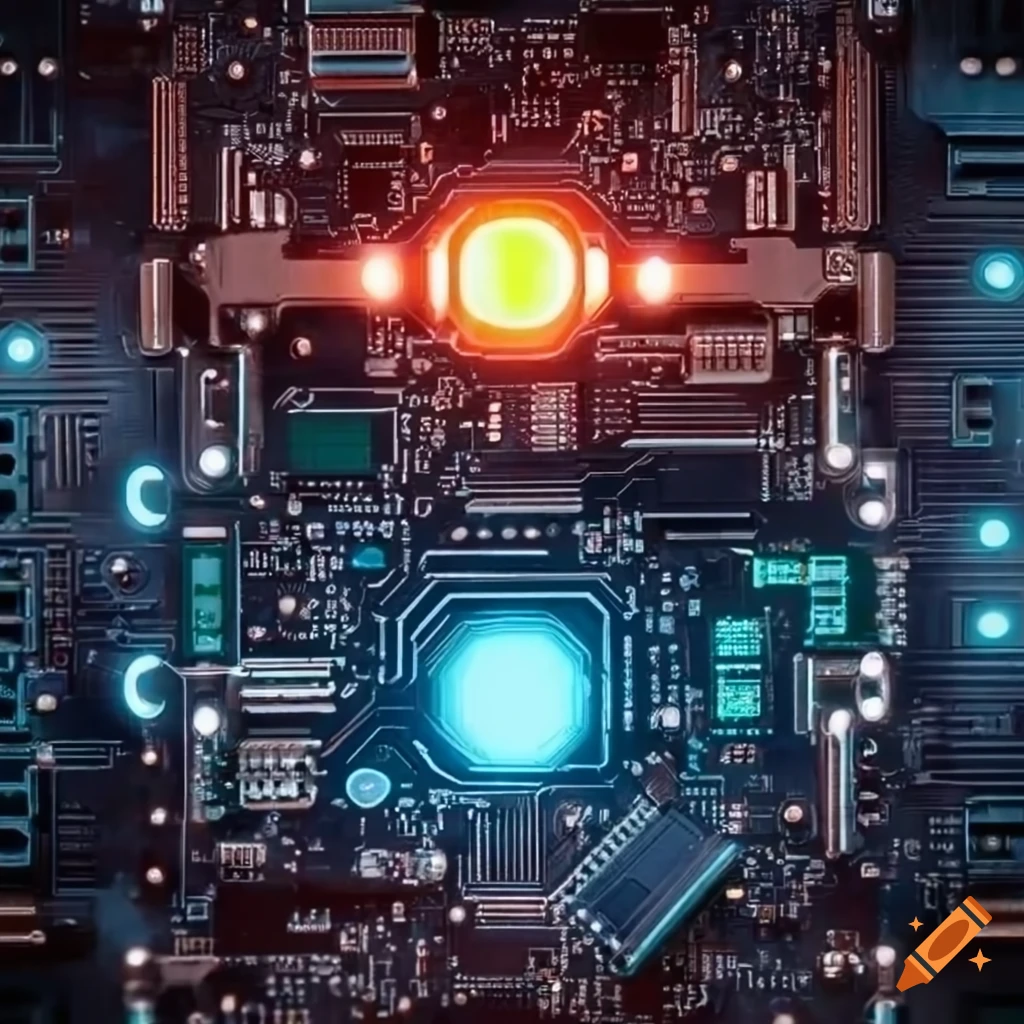 Sci-fi alien computer board with flashing lights and circuitry on Craiyon