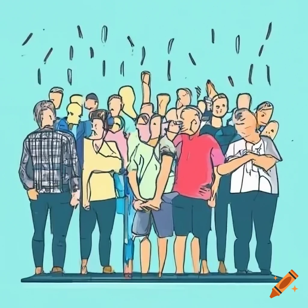 Embarrassed man standing in front of a crowd on Craiyon