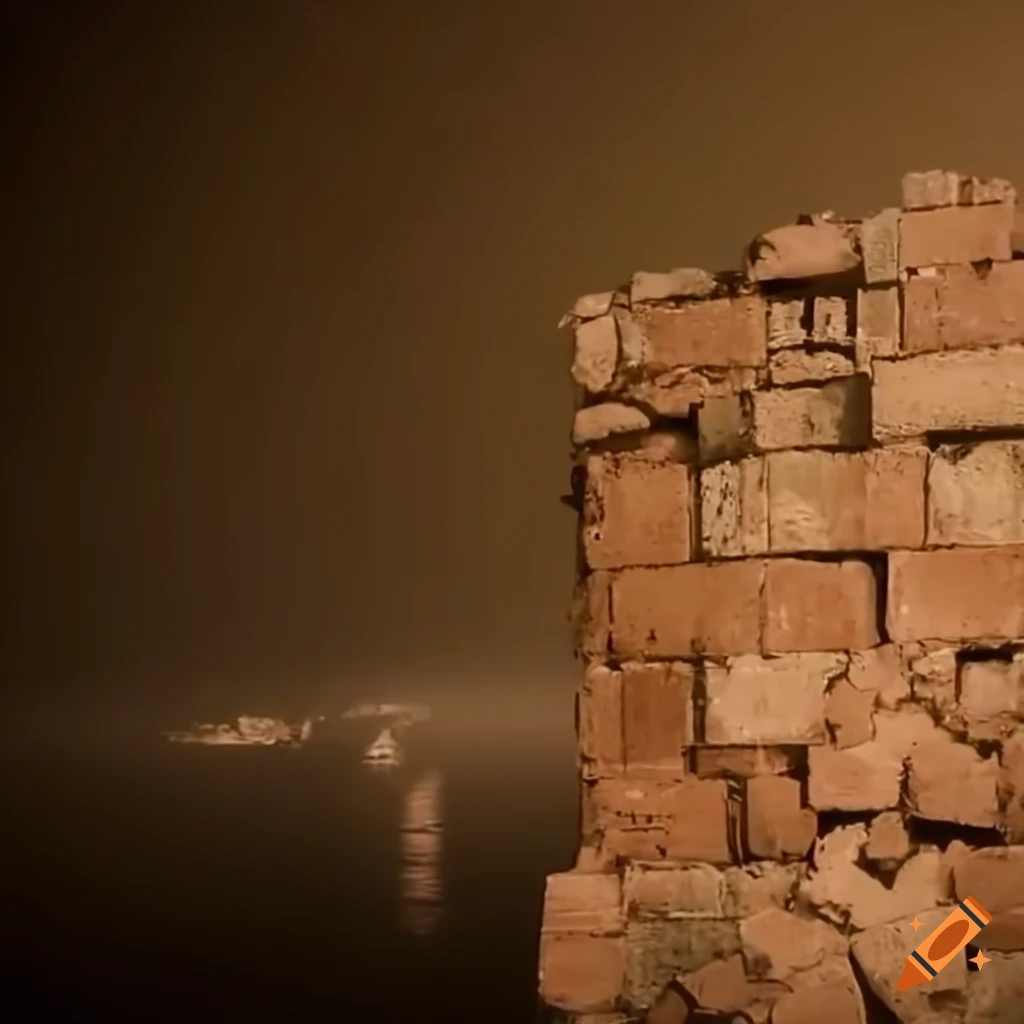 Close-up view of crumbling bricks with abandoned buildings sinking into ...