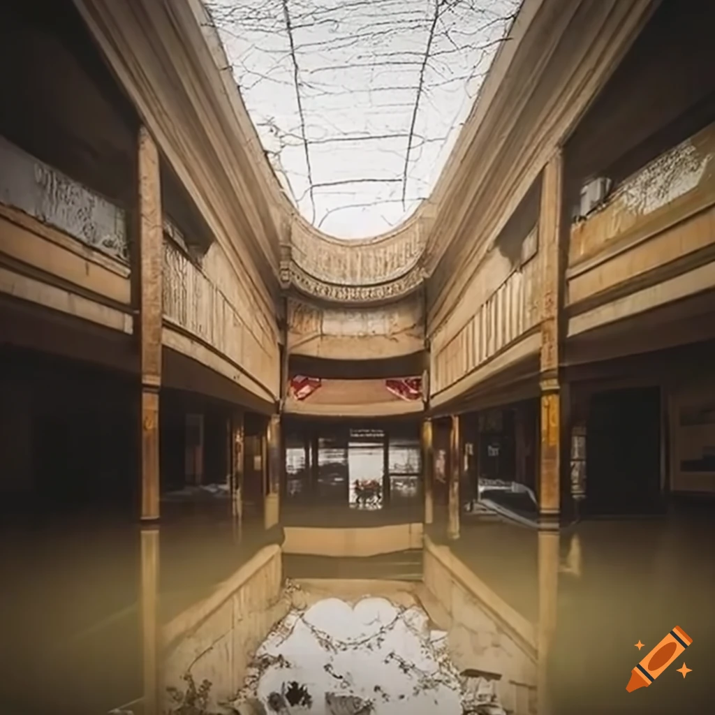 Abandoned flooded mall with towering walls in golden fog on Craiyon