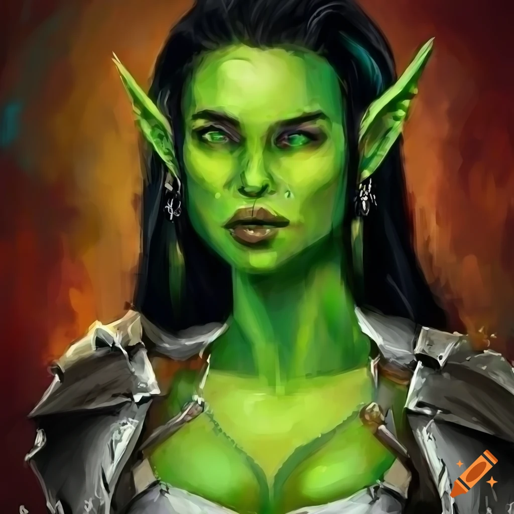 Half-orc woman in paladin outfit with green skin and long black hair on Craiyon