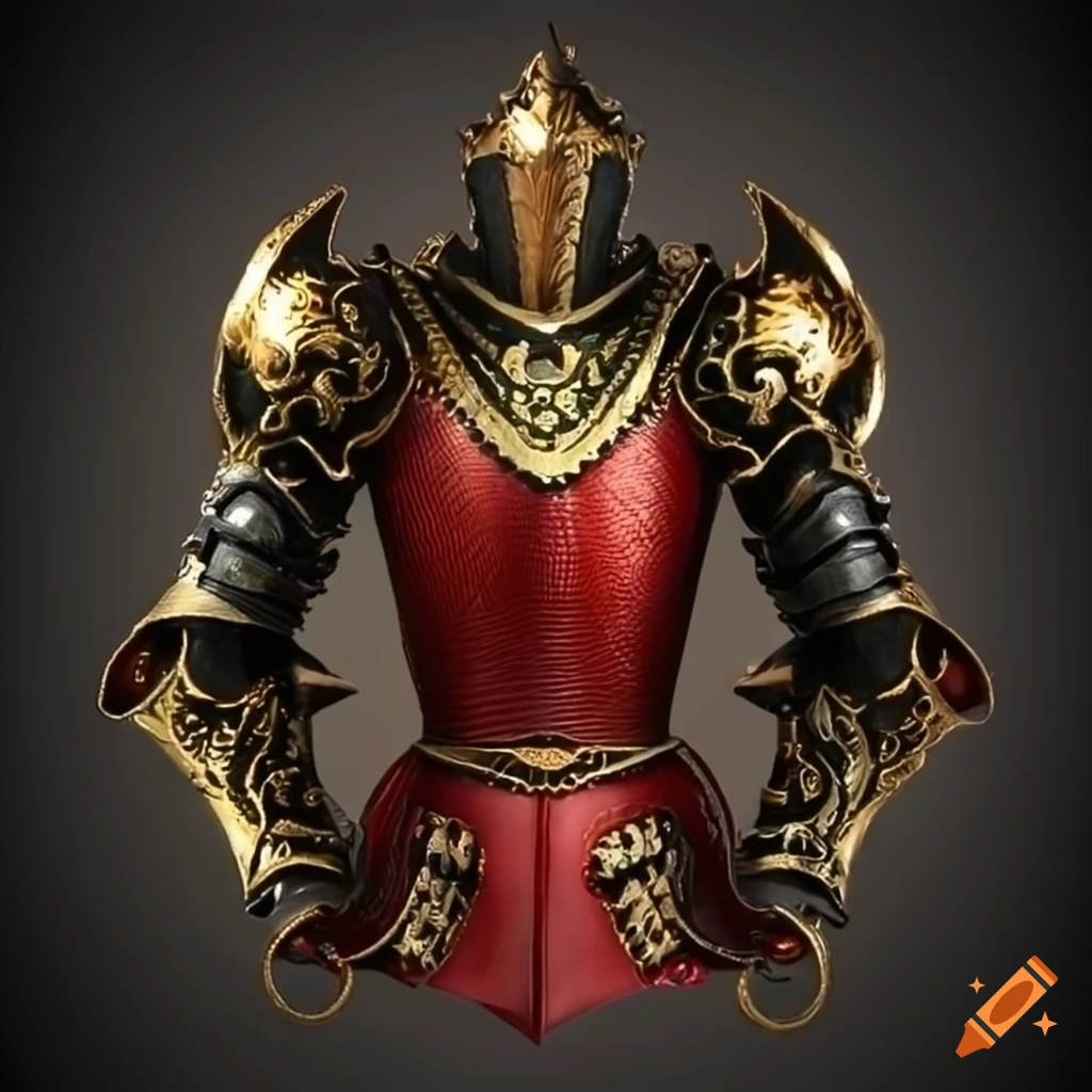 Intricate black, gold, and red arm armor design on Craiyon
