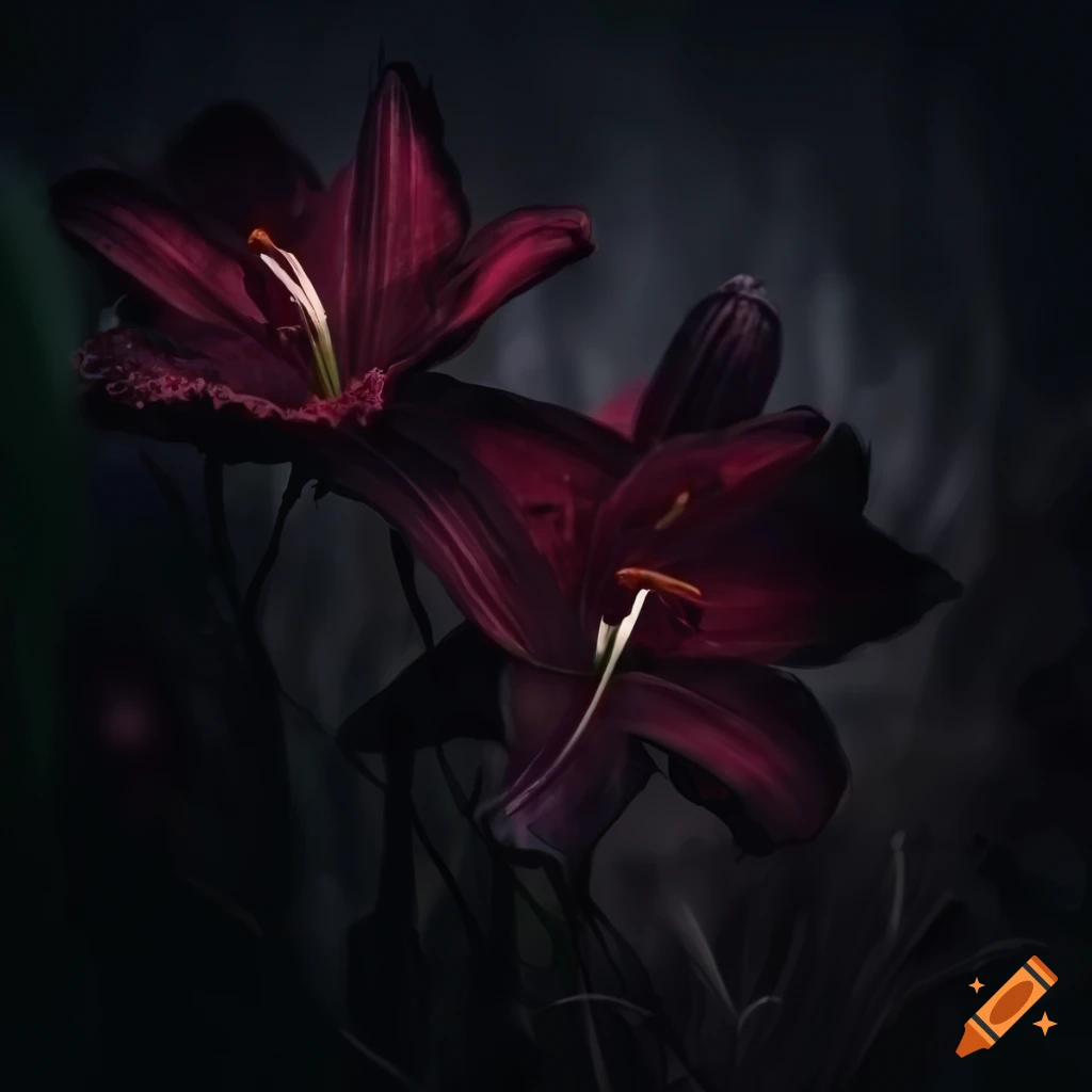Beautiful dramatic black lilies in a spooky meadow on Craiyon