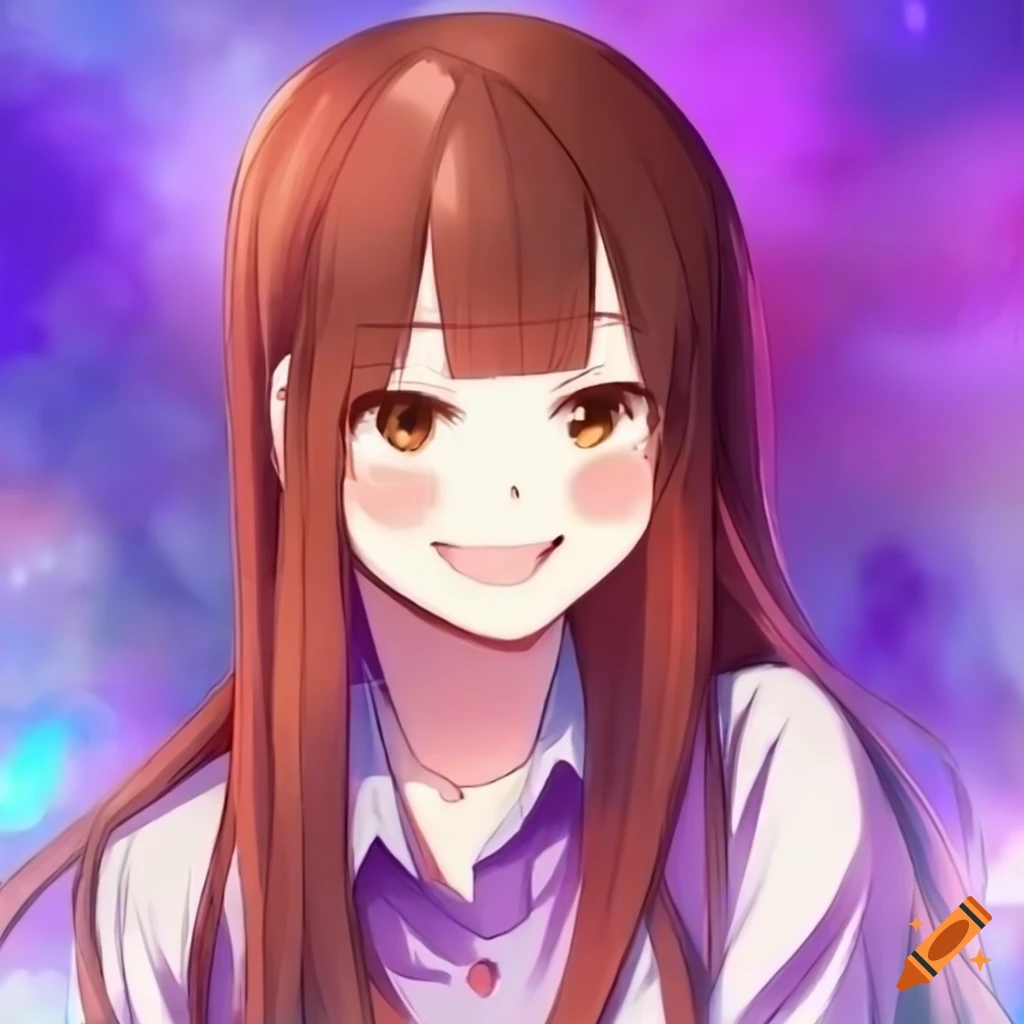Smiling anime girl with brown eyes and long straight hair, wearing a ...