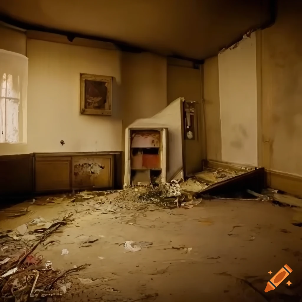 Abandoned flooded basement room with built-in cabinets and peeling ...