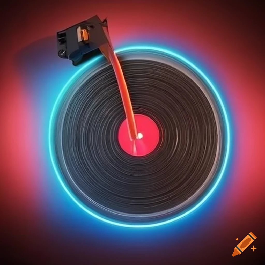 Futuristic detailed record player with neon lights and reflections on ...