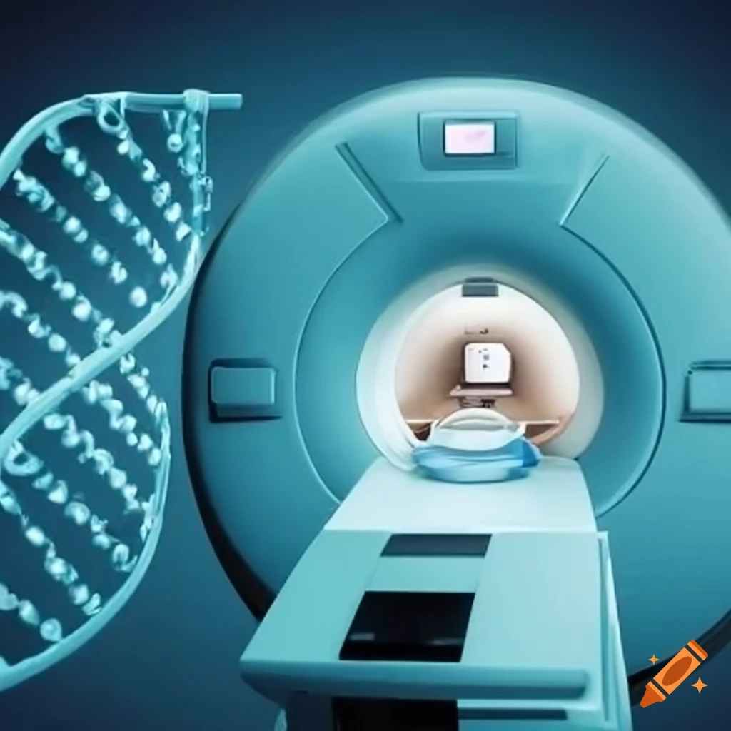Mri machine in a lab with dna strands on the sides on Craiyon