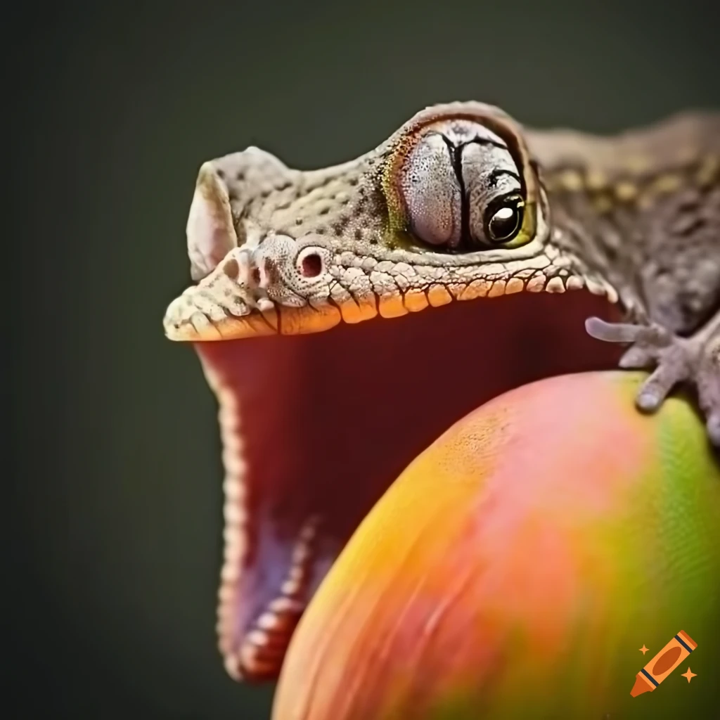 Gargoyle gecko licking a mango in macro photography on Craiyon