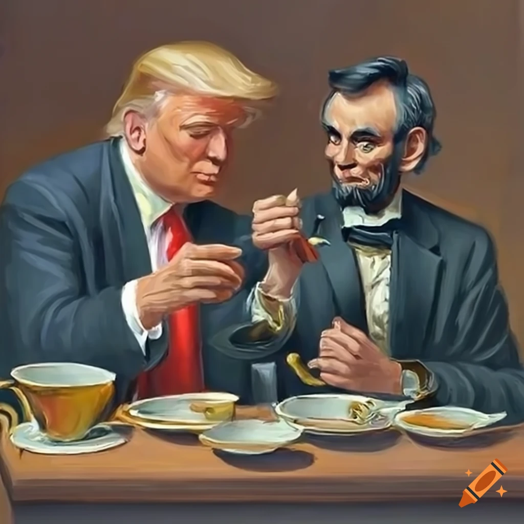 Satirical oil painting of Donald Trump and Abraham Lincoln drinking tea ...
