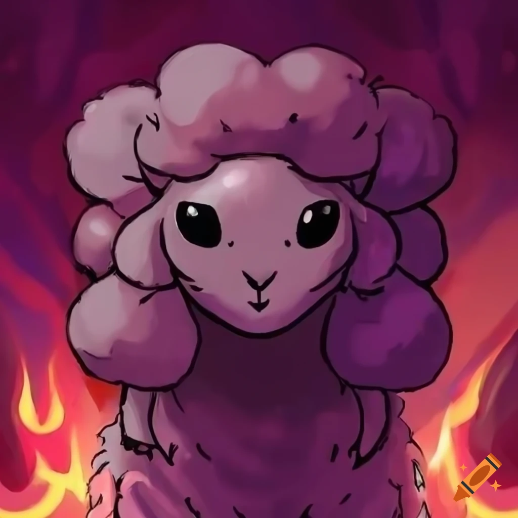 Fire type Pokemon with a semi-realistic sheep in anime style and goth ...