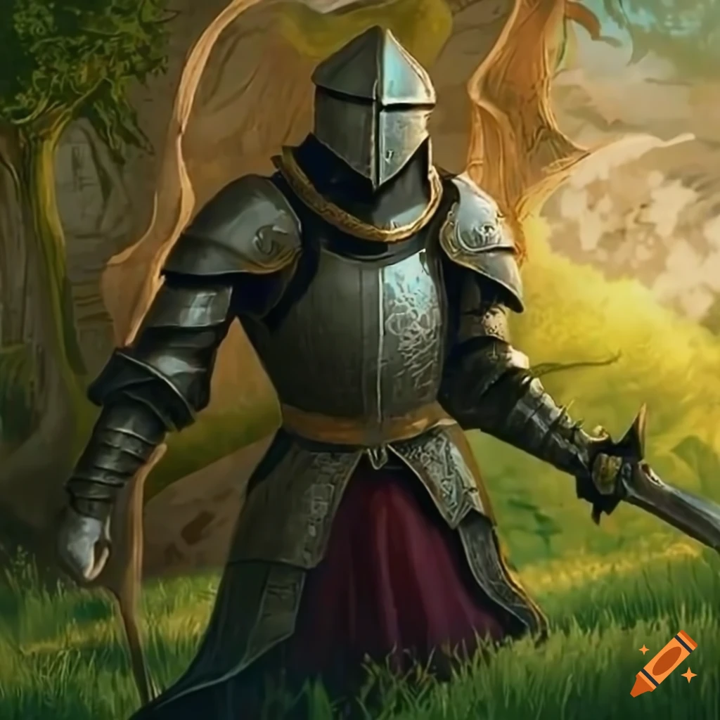 Magic the gathering card with a knight in black armor, sword, and grass ...