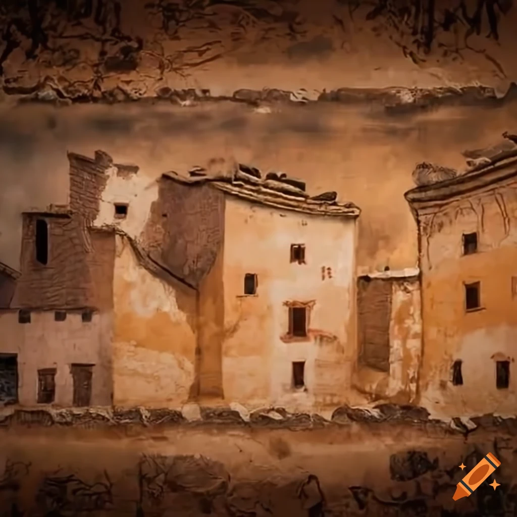 Ancient wall painting depicting a small isolated village with separate ...