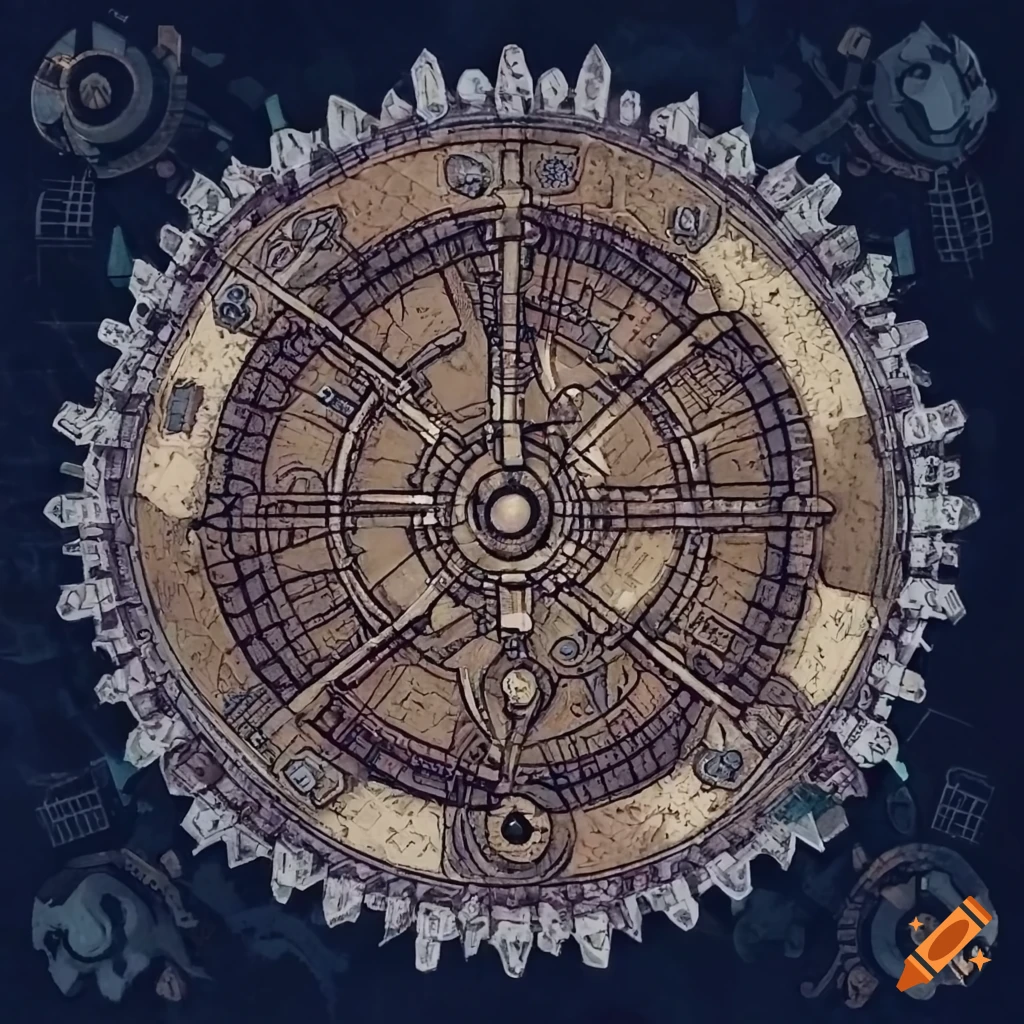 Two-tier clockwork grid map with scattered broken parts in D&D style on ...