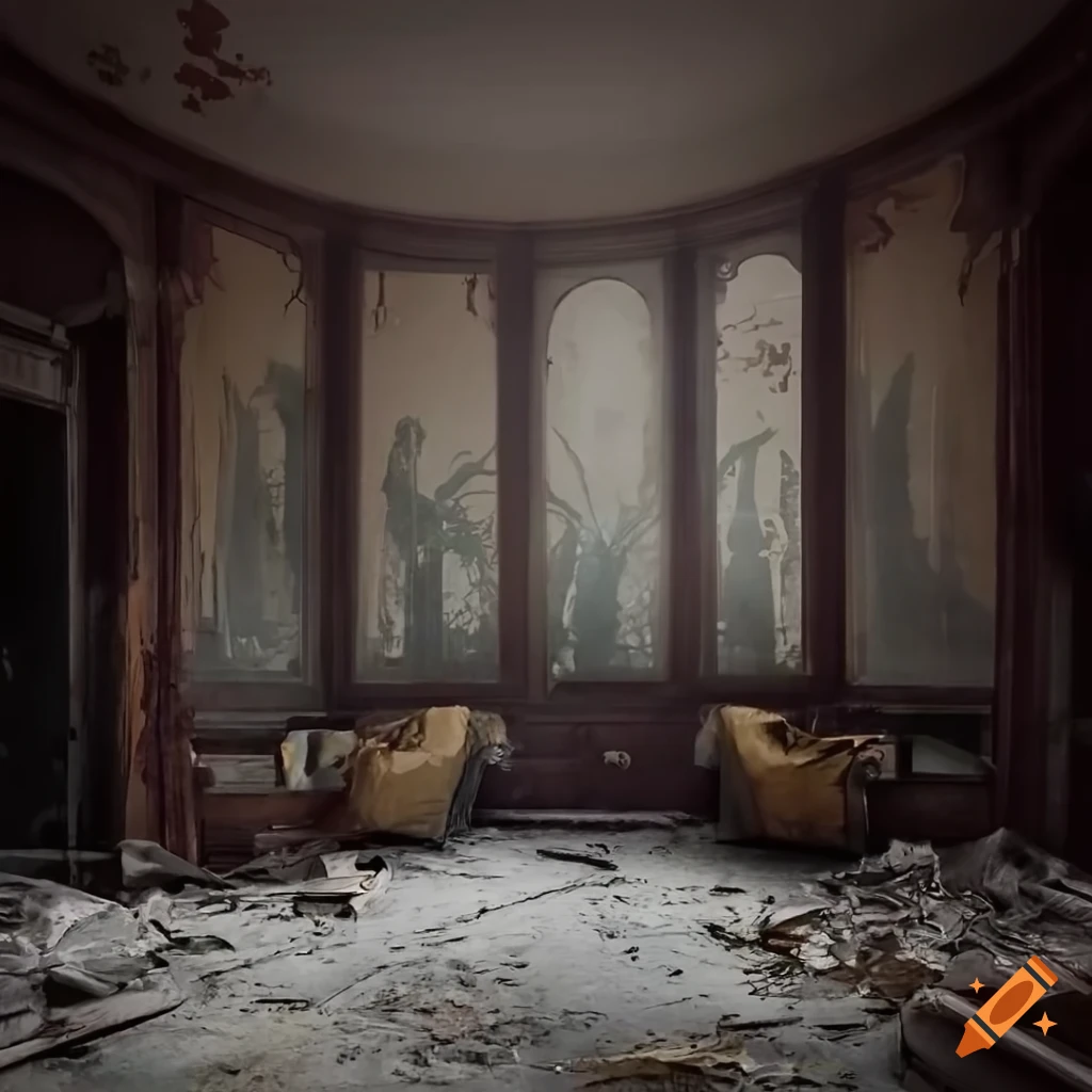 Foggy abandoned room with peeling wallpaper, defaced painting, and ...