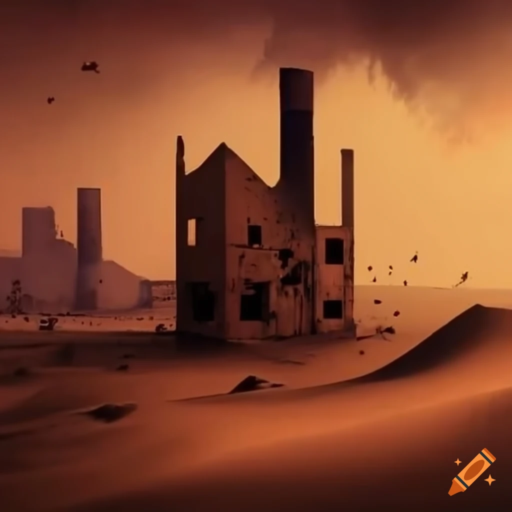 Ruined factory buried in desert sand on Craiyon