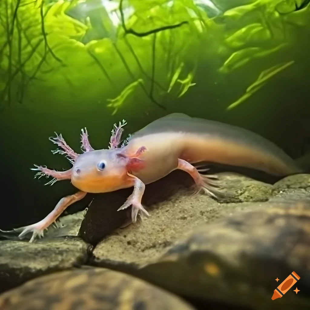Axolotl swimming among water plants and rocks in an aquatic habitat on Craiyon