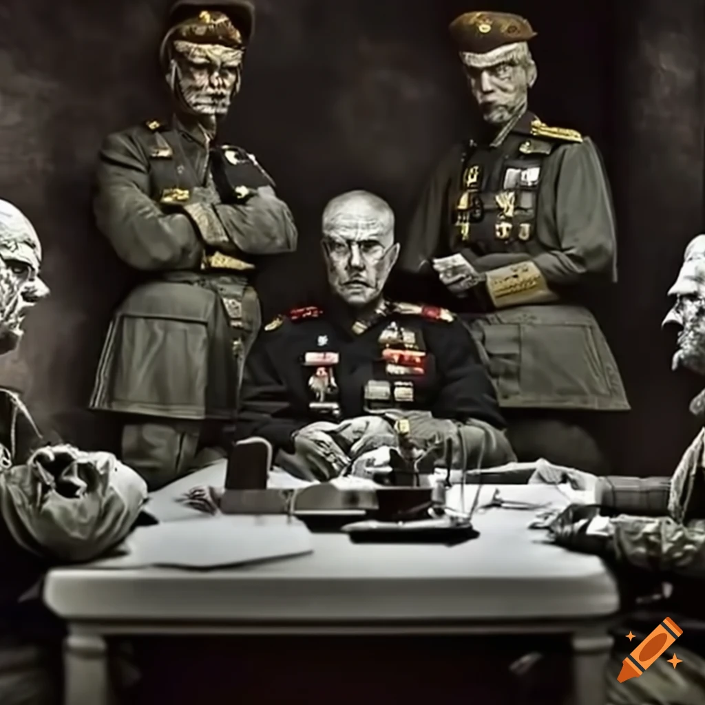 Four generals discussing a war plan around a table on Craiyon
