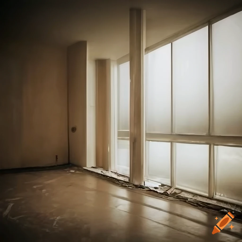 Abandoned modern lobby with sheer curtains overlooking futuristic foggy ...