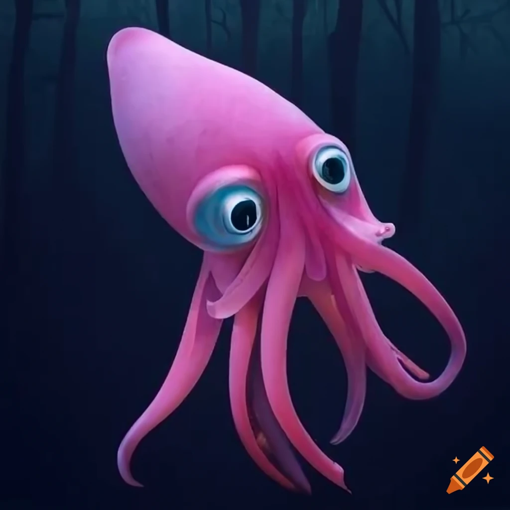 Big pink squid in the forest on Craiyon