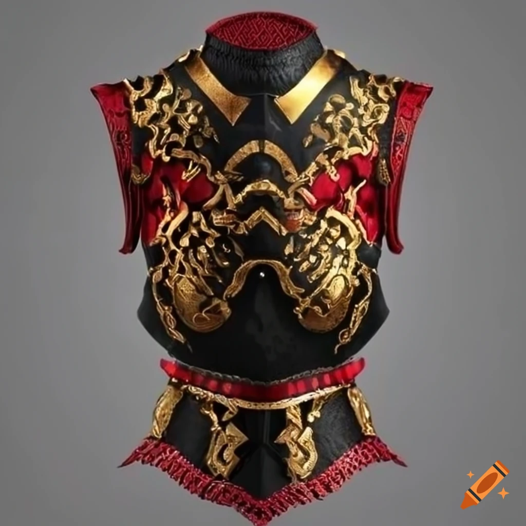Intricate black, gold, and red arm armor design on Craiyon