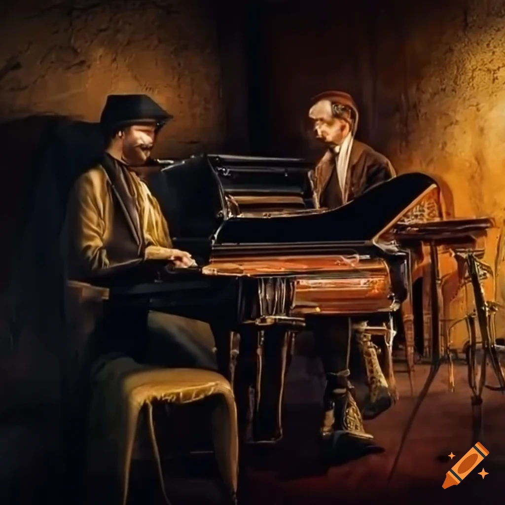 Two musicians playing a grand piano in an underground jazz bar on Craiyon