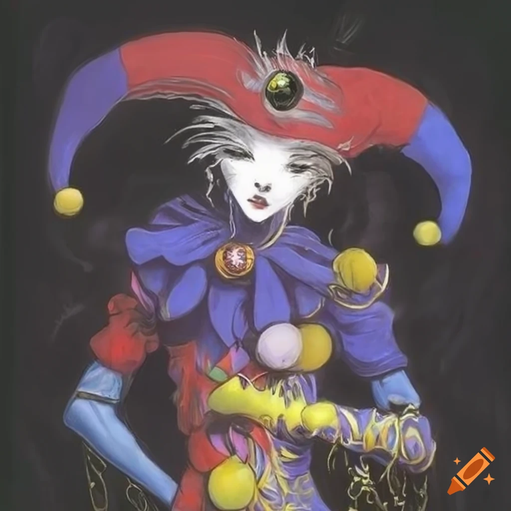 Yoshitaka amano inspired jester character on Craiyon