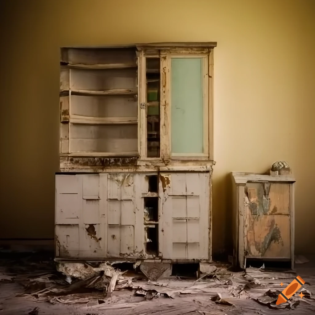 Abandoned flooded storage room with built-in cabinets, shelves, and ...