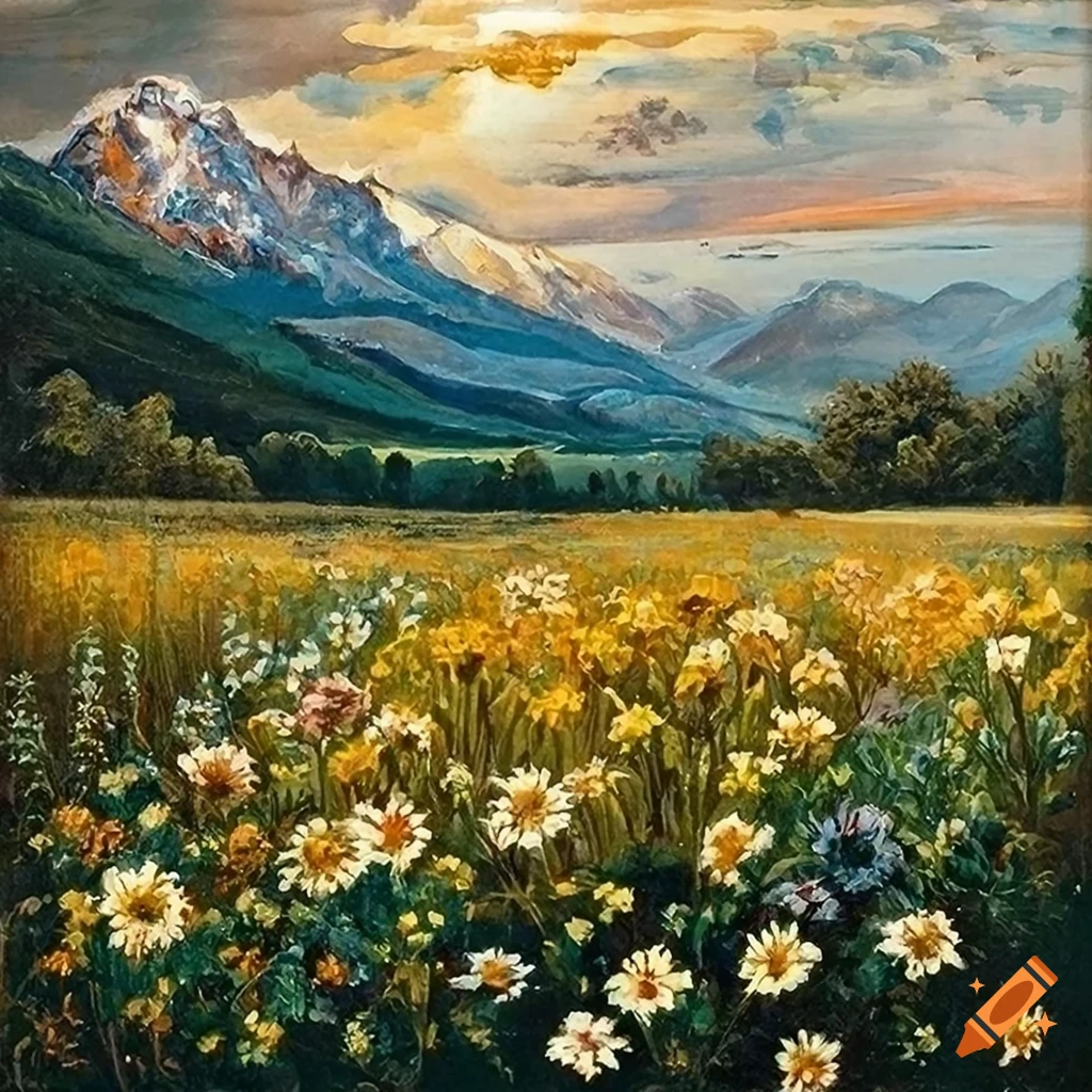 Intricately detailed realistic flower field painting with muted colors ...