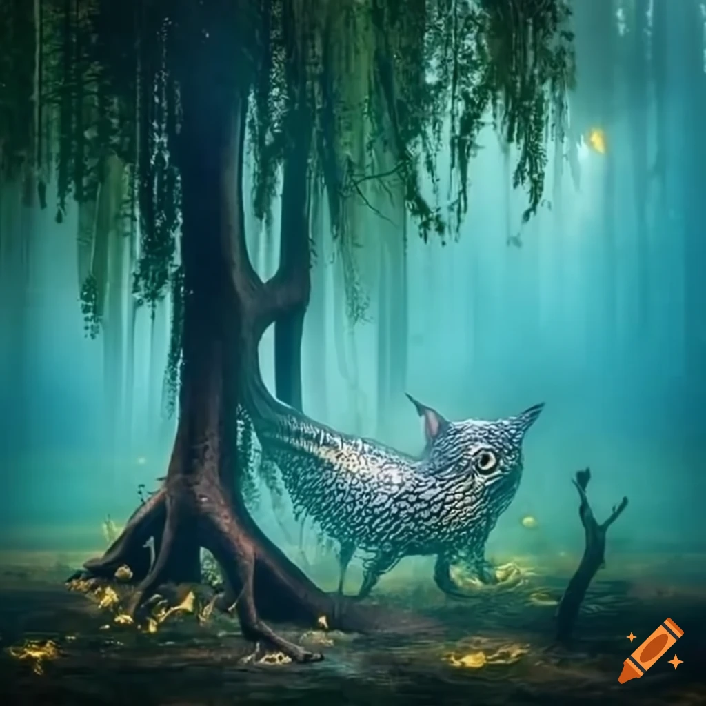 Surreal and whimsical depiction of mutant animals in a strange forest ...