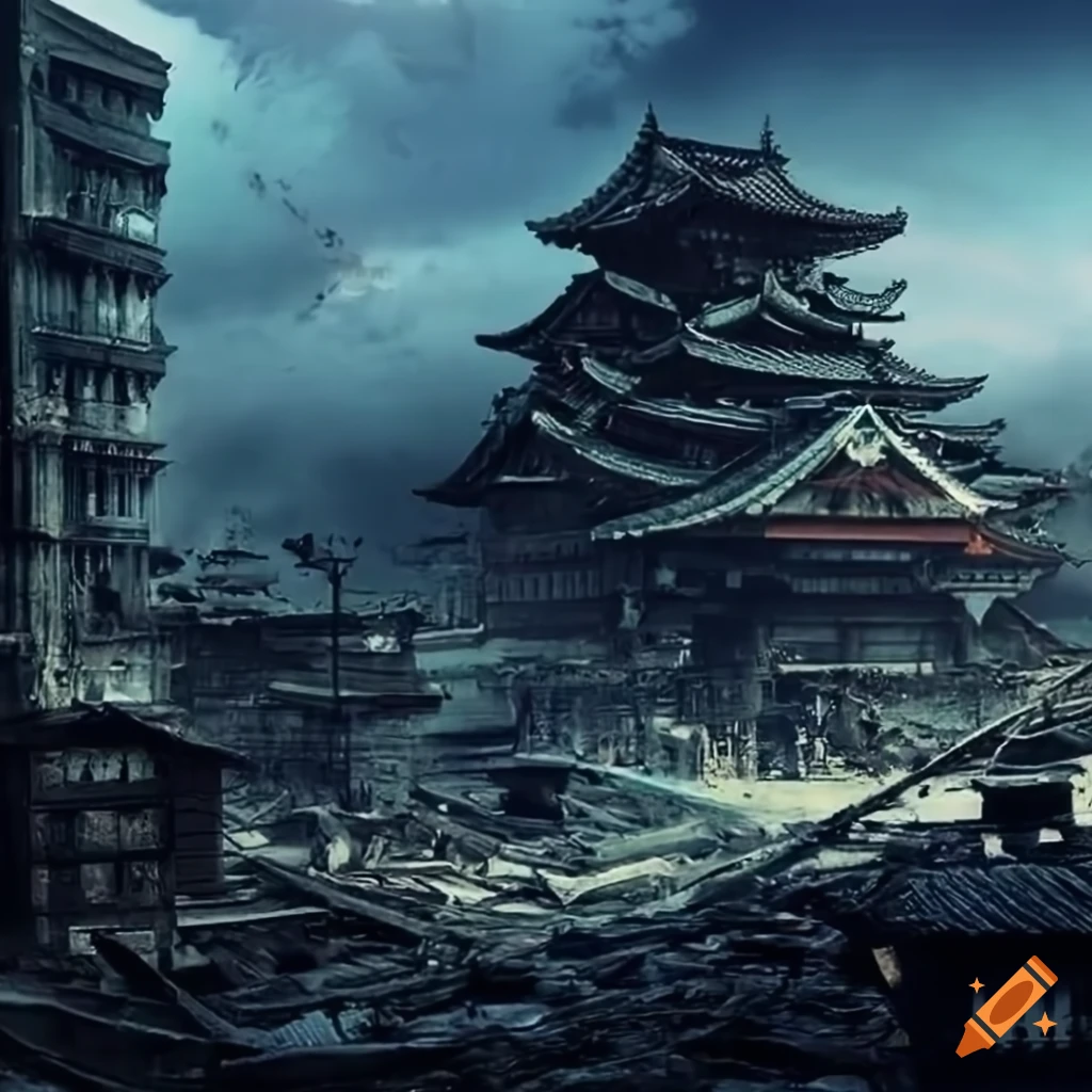 Destroyed japanese city in hd wallpaper on Craiyon