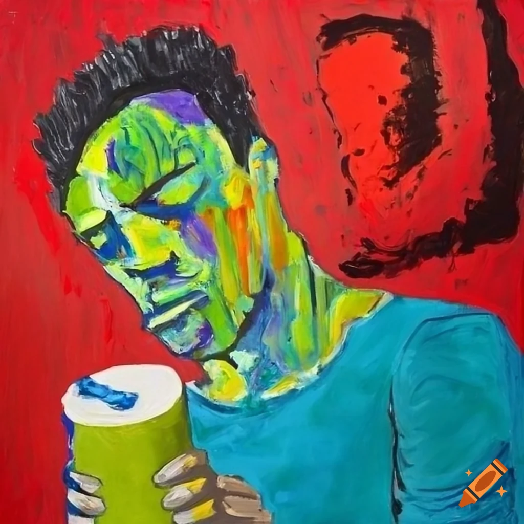 Expressionist painting of a man with a strong energy drink addiction on ...