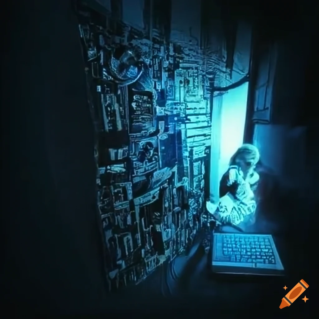 Man immersed in computer with multiple open windows in a post-internet ...