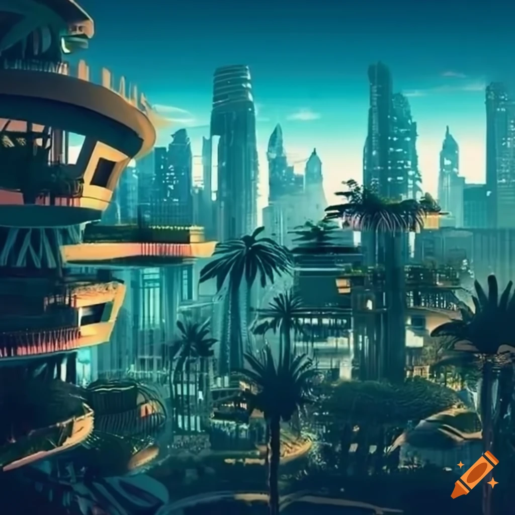 Futuristic tropical city with palm trees in a solarpunk setting on Craiyon