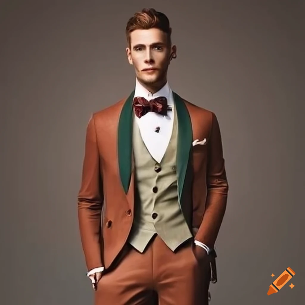 Terracotta suit and sage green colbert as a 3 piece groom attire set on ...
