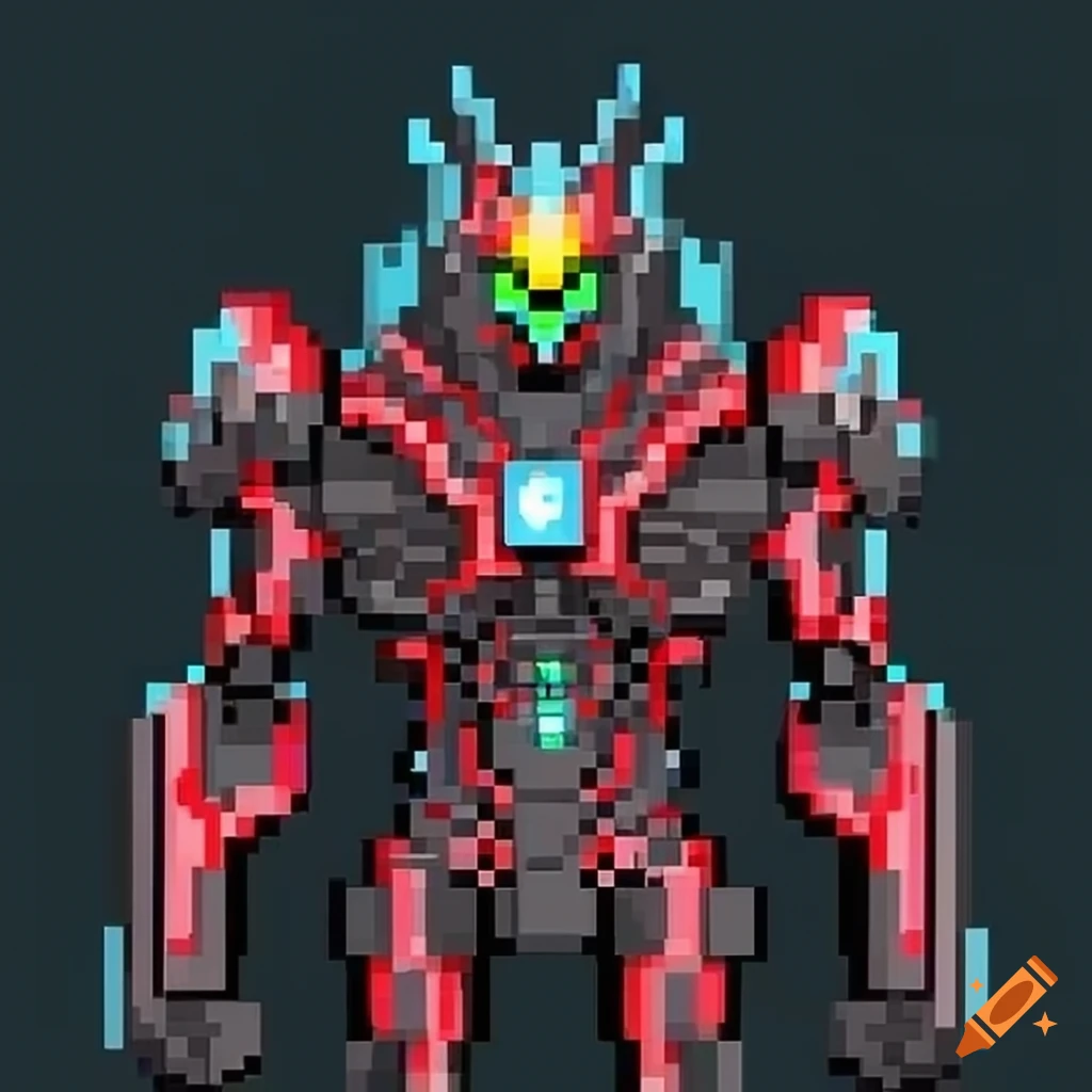 Pixel art of neon Zetman, Ultron, and Hulkbuster on Craiyon