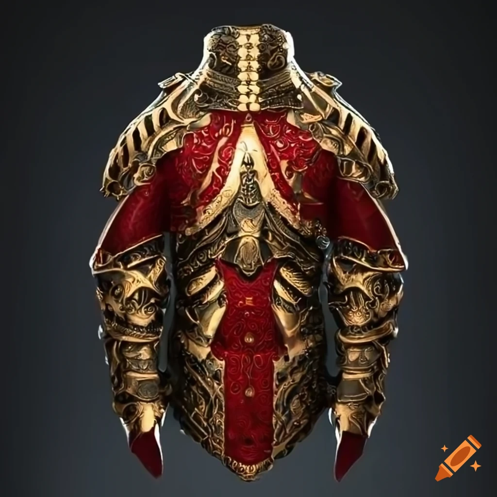 Intricate black, gold, and red arm armor design on Craiyon
